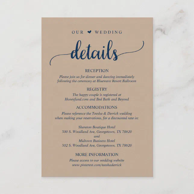 Our Wedding Details, Rustic Brown Kraft Navy Blue Enclosure Card | Zazzle
