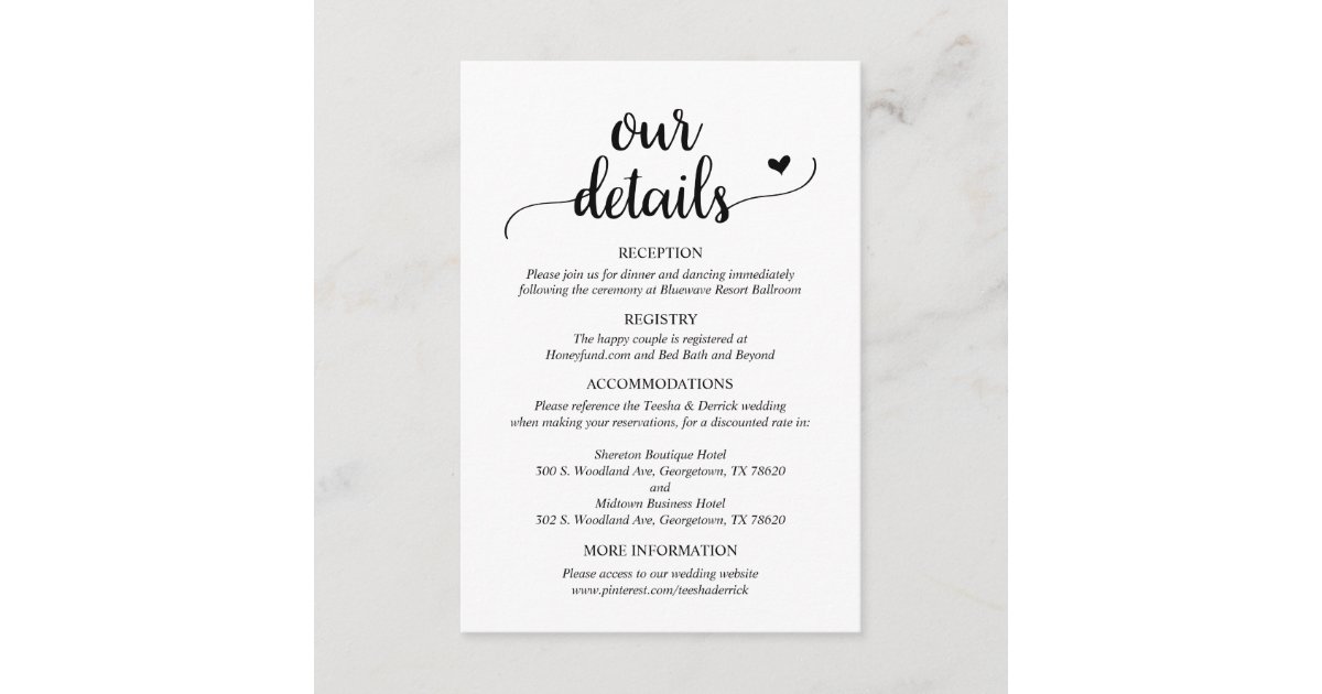 Our Wedding Details, Rustic Script Enclosure Card | Zazzle