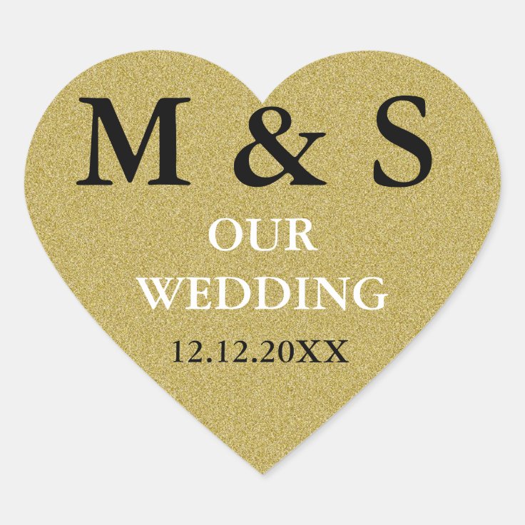 Our Wedding Heart Stickers Glitter Gold Monogram | Zazzle