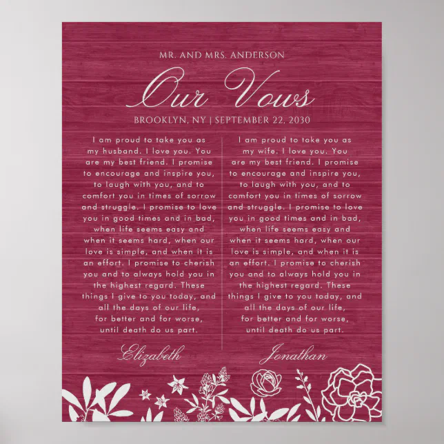 Our Wedding Vows Burgundy Floral Wood Anniversary Poster | Zazzle