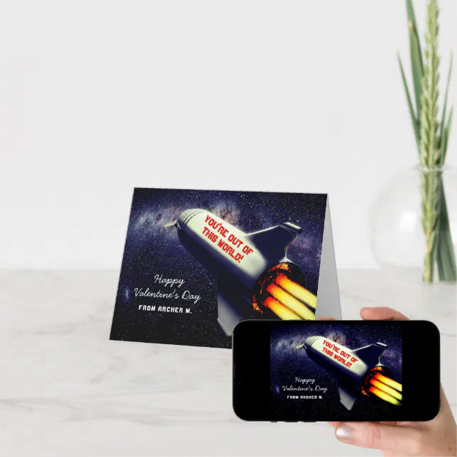 Out of This World Retro Rocket Kids Valentine Holiday Card | Zazzle