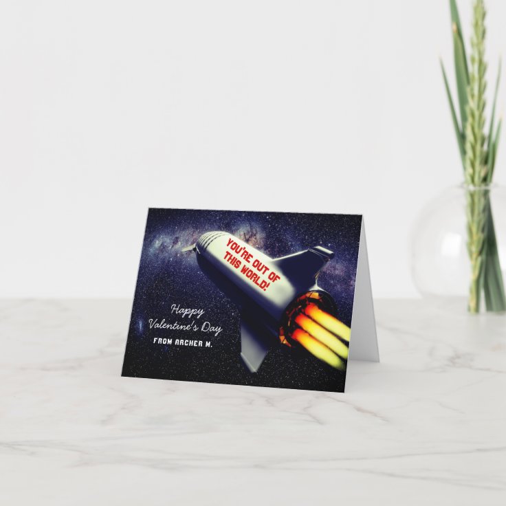 Out of This World Retro Rocket Kids Valentine Holiday Card | Zazzle
