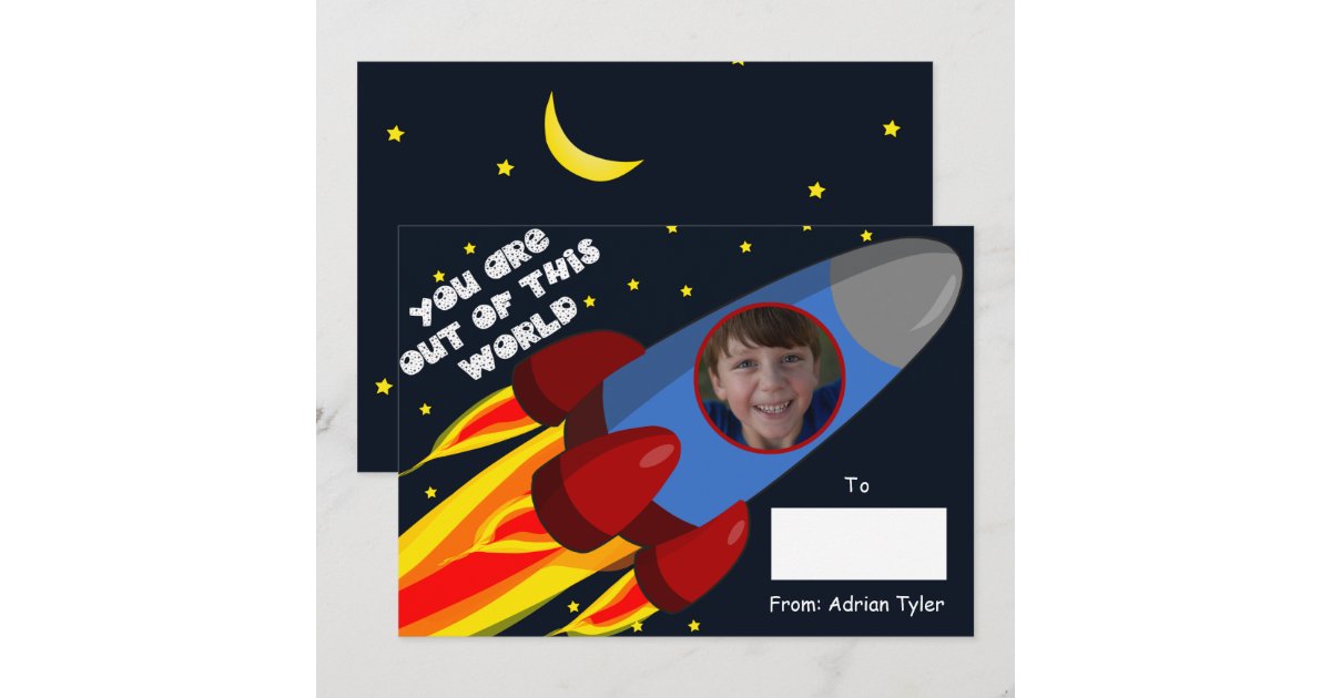 Out of this World Rocket Classroom Valentines Day Holiday Card | Zazzle