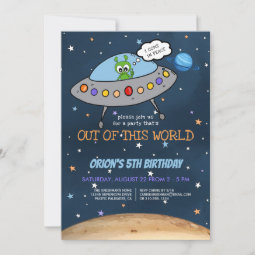Out of This World Space Alien Spaceship Birthday Invitation | Zazzle