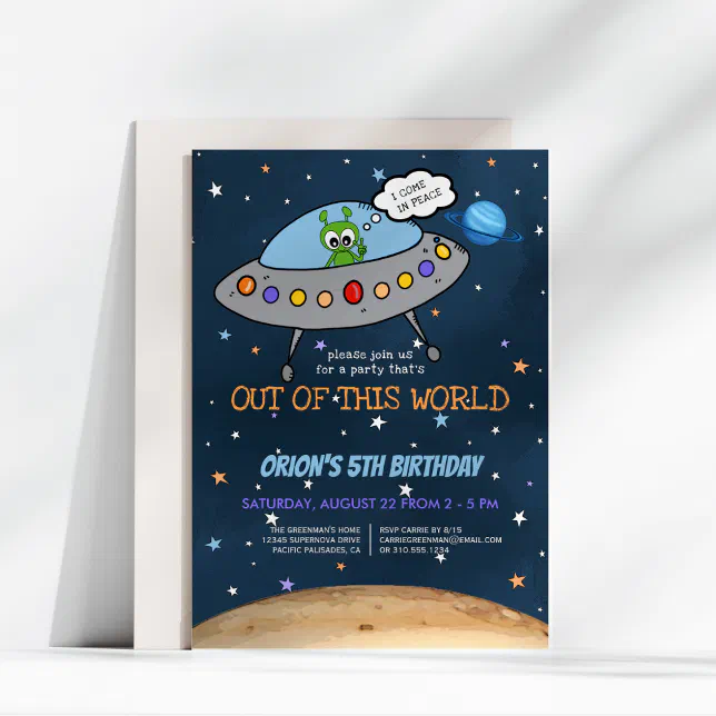 Out of This World Space Alien Spaceship Birthday Invitation | Zazzle