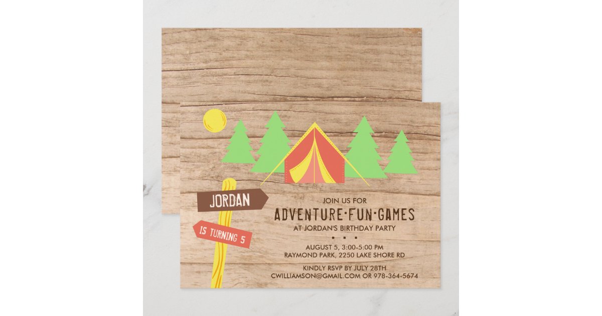 Outdoor Adventure In Woods Camping Birthday Party Invitation | Zazzle.com
