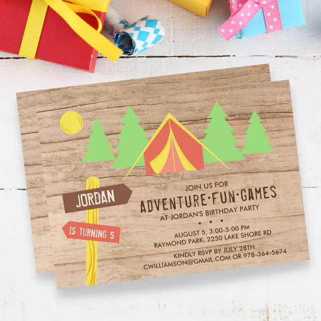 Outdoor Adventure In Woods Camping Birthday Party Invitation | Zazzle