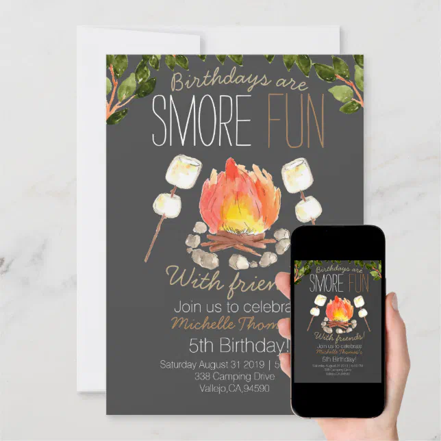 Outdoor smore camping birthday invitation | Zazzle