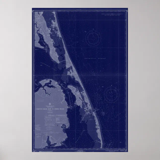 Outer Banks NC OBX Map Nautical Chart Blue Art | Zazzle