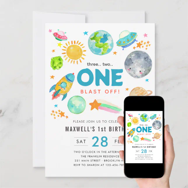 Outer Space 1st Birthday Party Rocket Spaceship Invitation | Zazzle