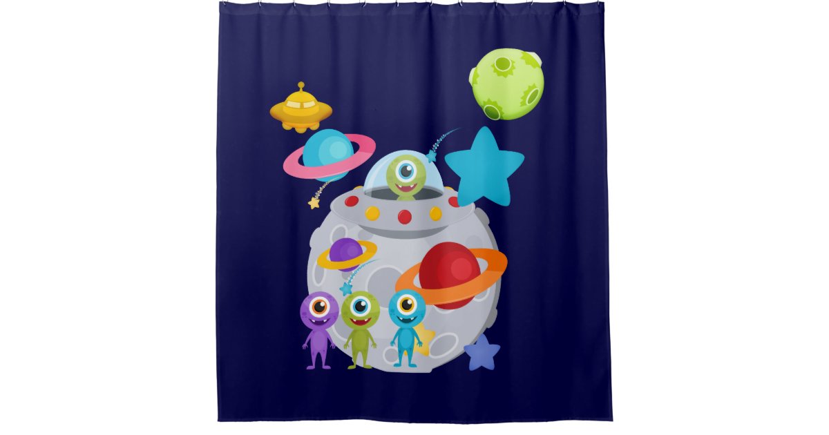 Outer Space Aliens UFOs Planets Shower Curtain | Zazzle