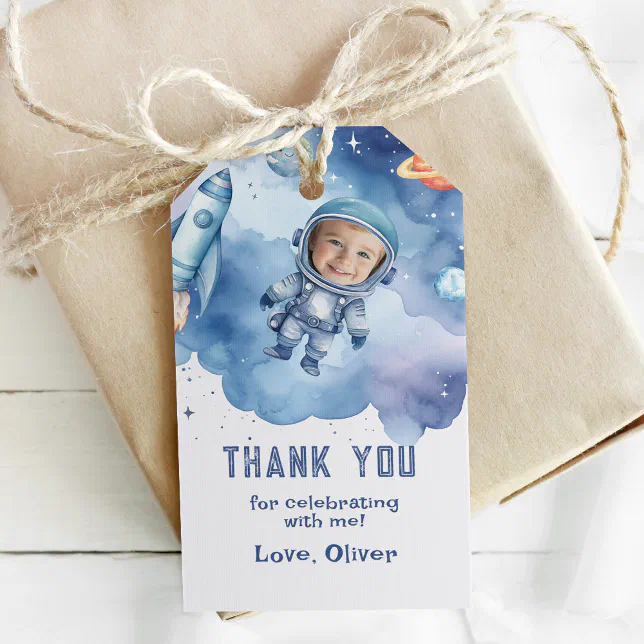 Outer Space Astronaut birthday photo Thank you Gift Tags | Zazzle
