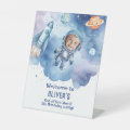 Outer Space Astronaut birthday photo welcome Pedestal Sign | Zazzle