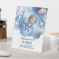 Outer Space Astronaut birthday photo welcome Pedestal Sign | Zazzle