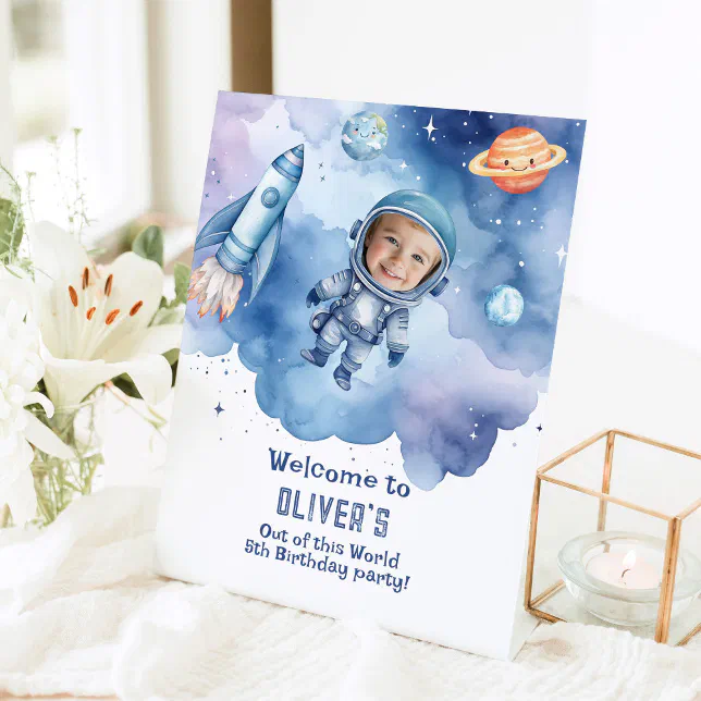 Outer Space Astronaut birthday photo welcome Pedestal Sign | Zazzle