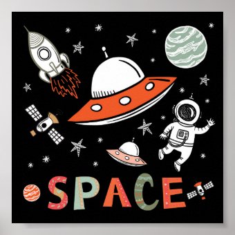 Outer Space Astronaut rocket ship planets Poster | Zazzle