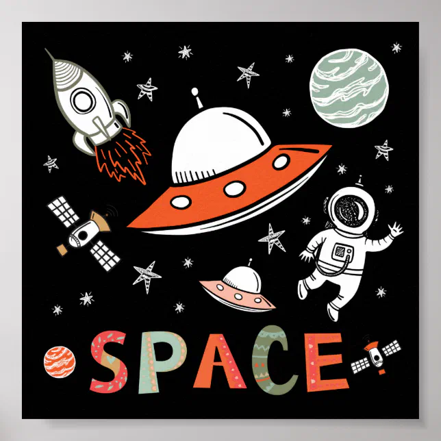 Outer Space Astronaut rocket ship planets Poster | Zazzle