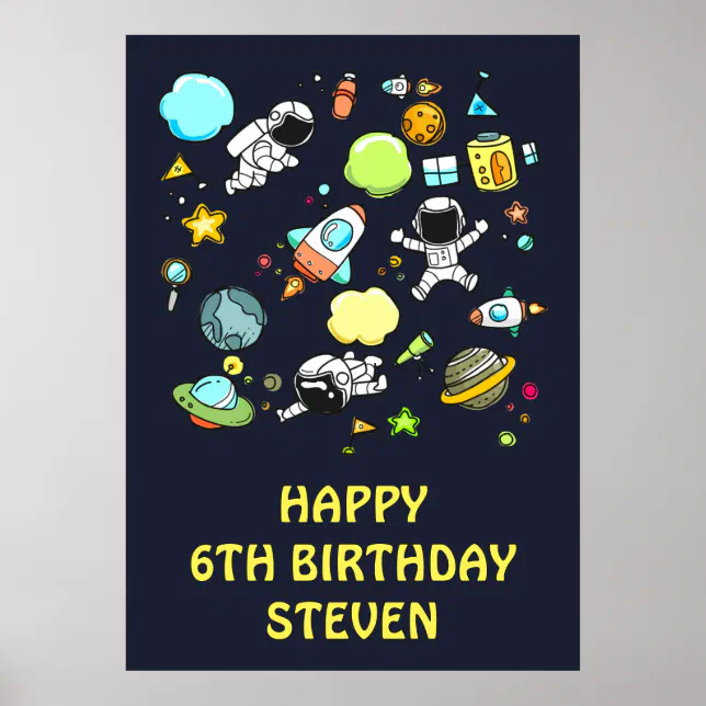 Outer Space Astronauts & Rockets Pattern Birthday Poster | Zazzle