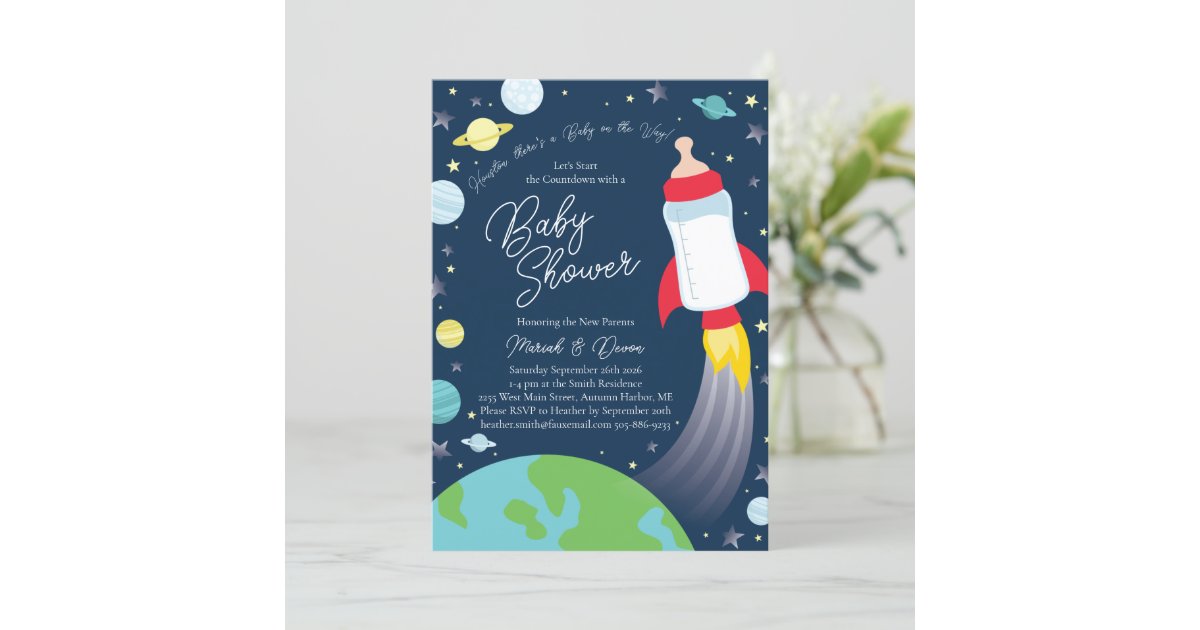 Outer Space Baby Shower Bottle Rocket Spaceship Invitation | Zazzle