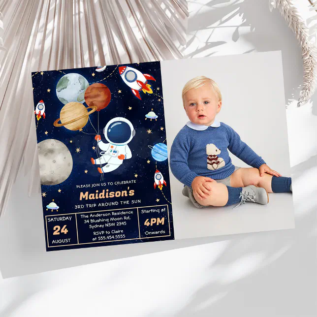Outer Space Birthday Party 3rd Trip Around The Sun Invitation | Zazzle