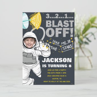 Outer Space Blast Off Astronaut Photo Birthday Invitation | Zazzle