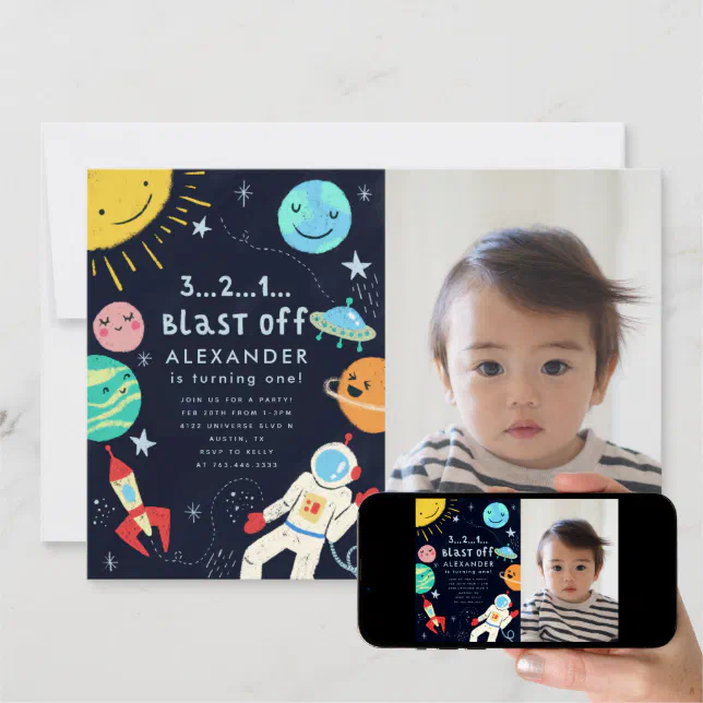 Outer Space Blast Off Birthday Party Photo Invitation | Zazzle