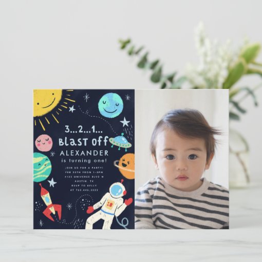 Outer Space Blast Off Birthday Party Photo Invitation | Zazzle