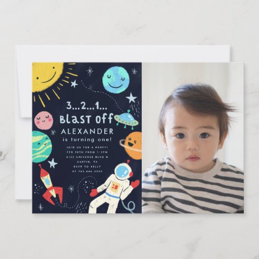 Outer Space Blast Off Birthday Party Photo Invitation | Zazzle