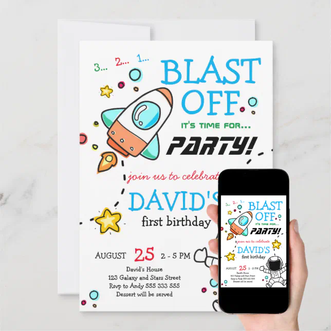 Outer Space Blast Off Rocket Boy First Birthday Invitation | Zazzle