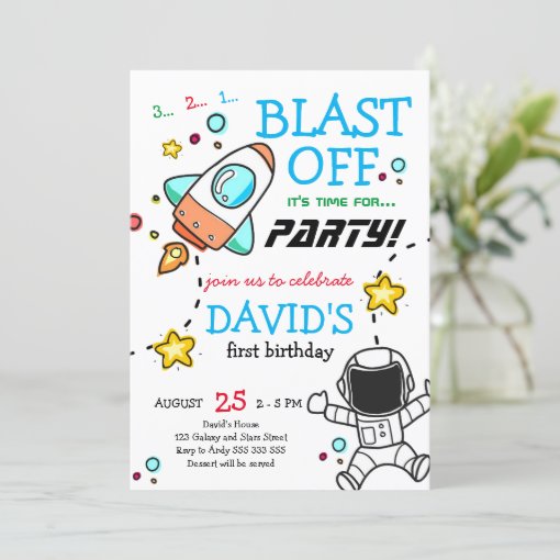 Outer Space Blast Off Rocket Boy First Birthday Invitation | Zazzle