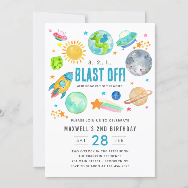 Outer Space Blast Off Rocket Kid Birthday Party Invitation | Zazzle