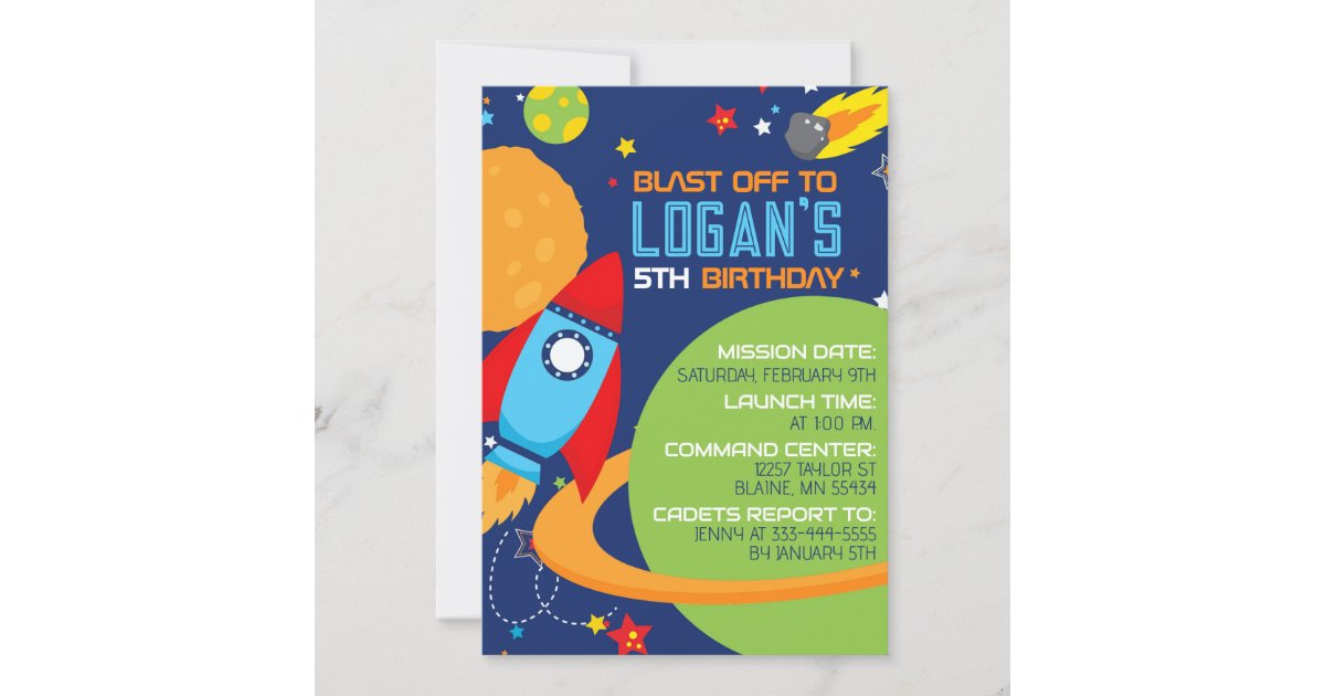 Outer Space Blue Rocket Birthday Invitations | Zazzle