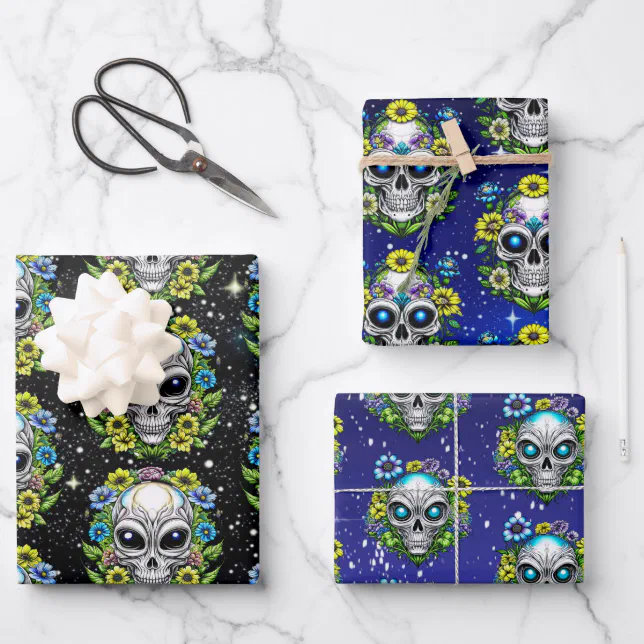 Outer Space Extraterrestrial Alien Skulls Wrapping Paper Sheets | Zazzle