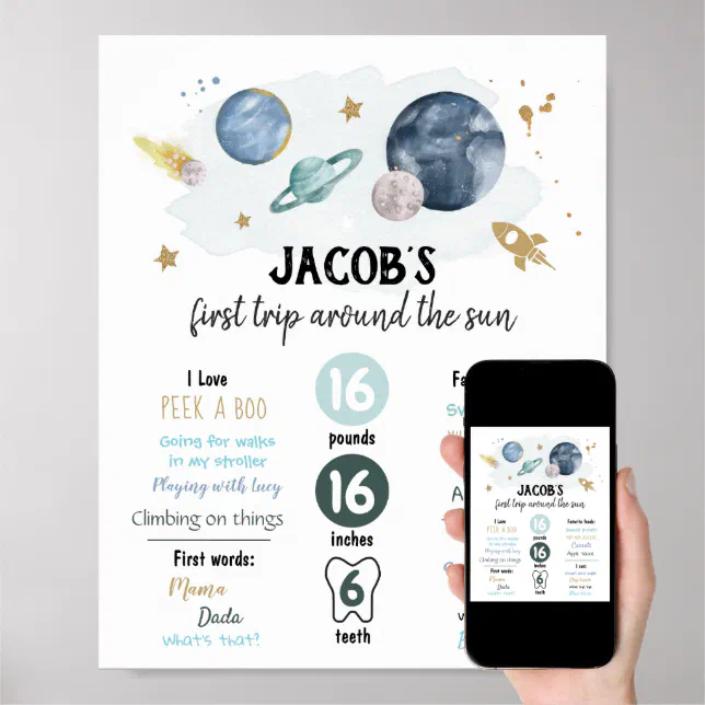 Outer Space First Birthday Milestones Sign Galaxy | Zazzle