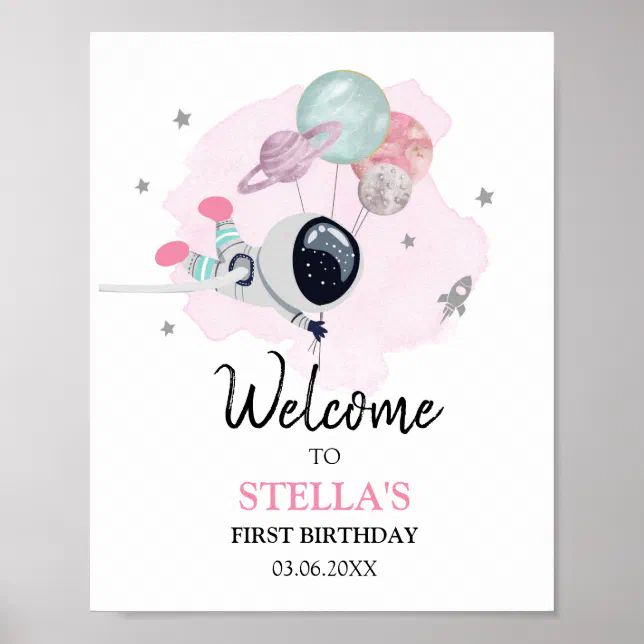 Outer Space Galaxy Astronaut Girl Birthday Welcome Poster | Zazzle