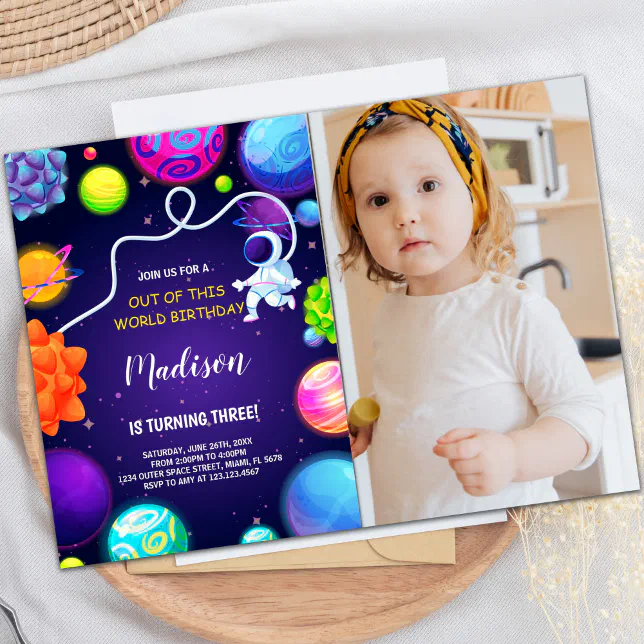 Outer Space Galaxy Birthday Invitation with Photo | Zazzle