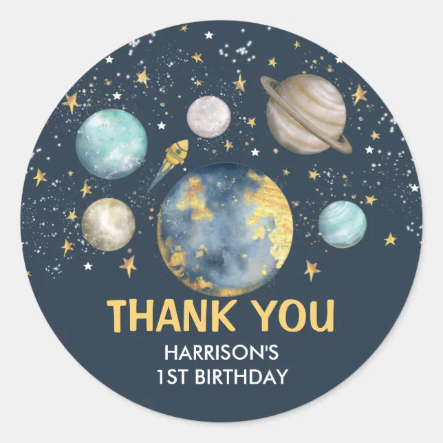 Outer Space Galaxy Moon Stars Baby Boy Birthday Classic Round Sticker ...