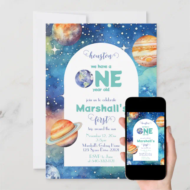 Outer Space Galaxy Planets First Birthday Party Invitation | Zazzle