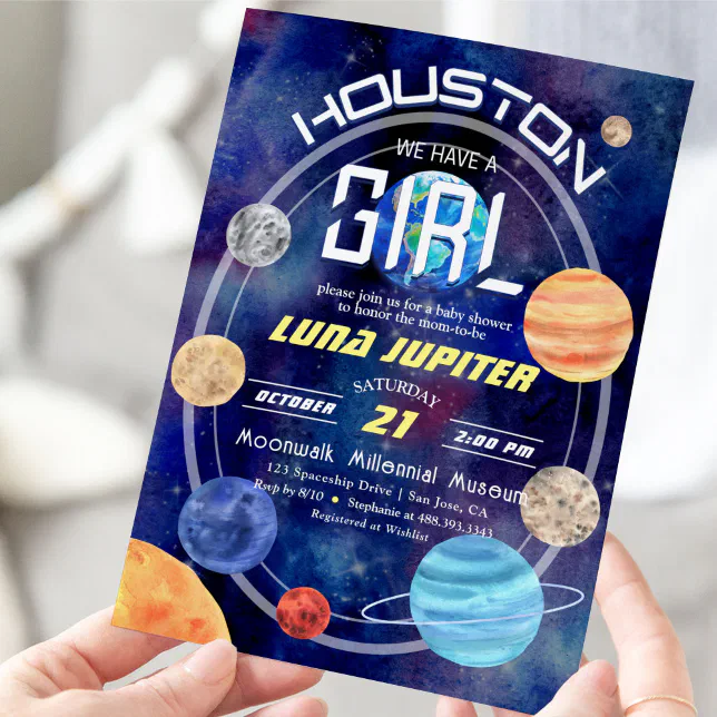 Outer Space Houston Solar System Baby Girl Shower Invitation | Zazzle