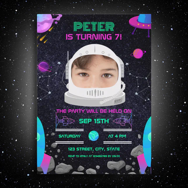 Outer Space Kids Birthday Party Astronaut Photo Invitation | Zazzle