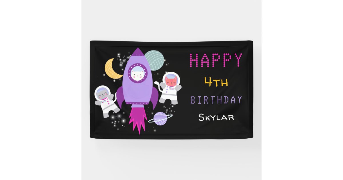 Outer Space Kittens Cat Astronaut Kids Birthday Banner | Zazzle