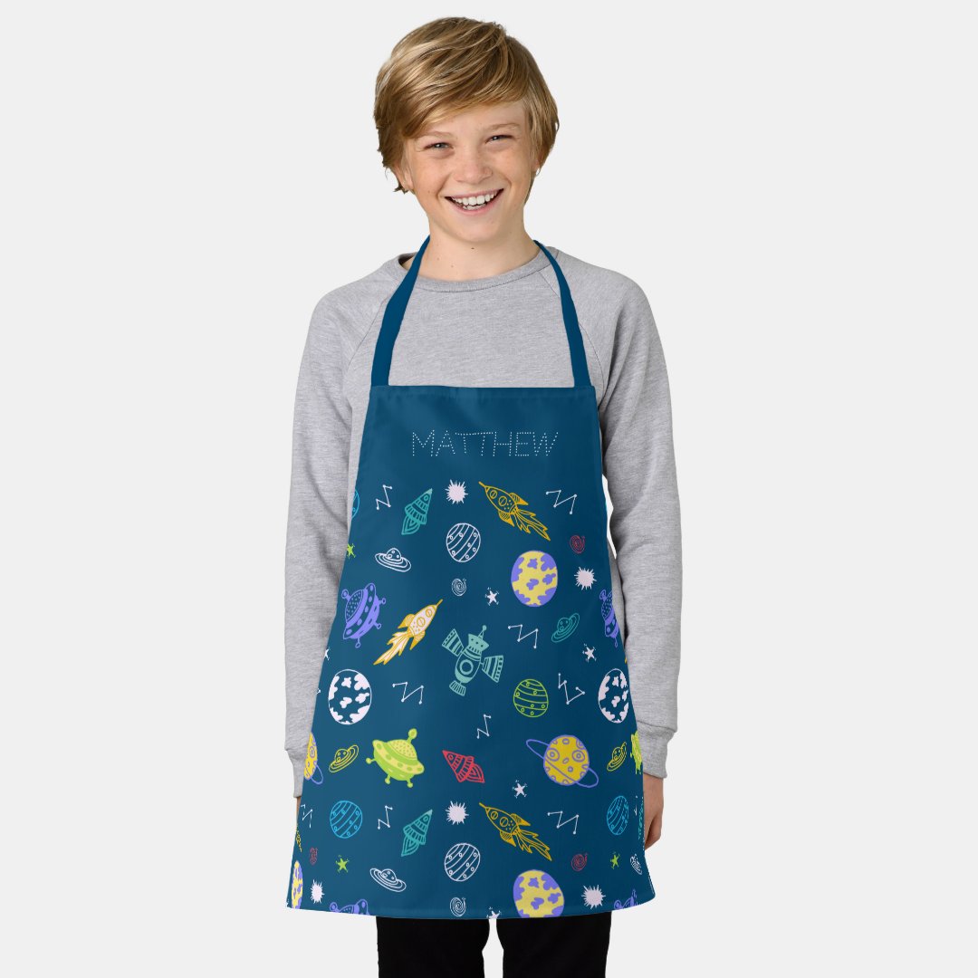 Outer Space Pattern Doodle Monogram | Dark Blue Apron | Zazzle