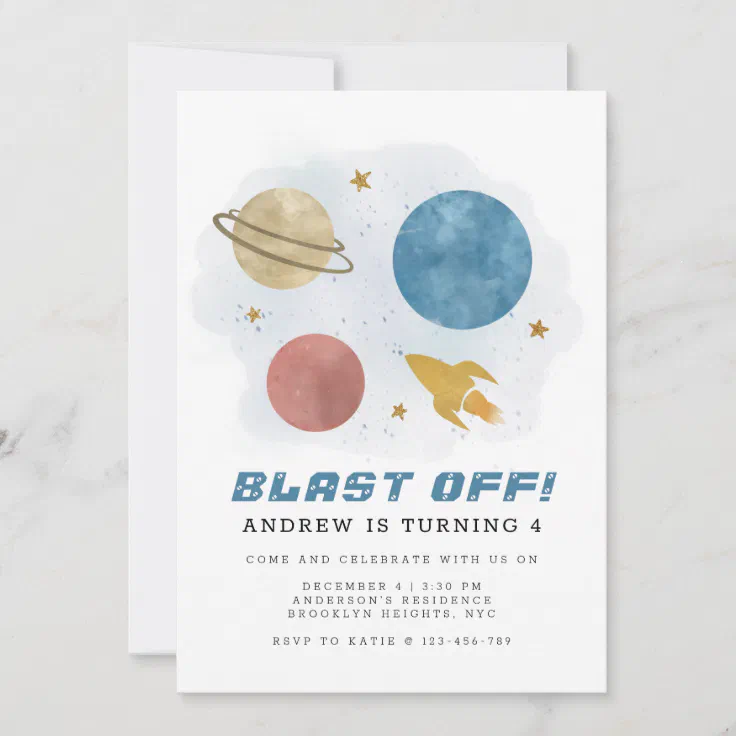 Outer Space Planet Watercolor Fourth Birthday Invitation | Zazzle