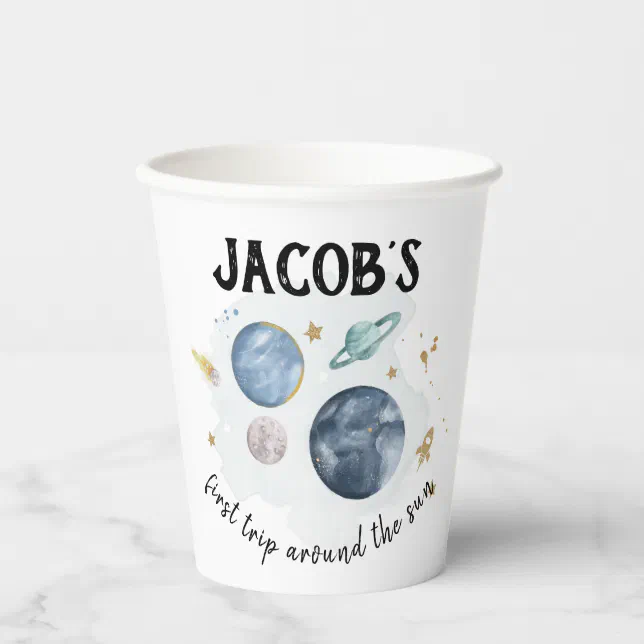 Outer Space Planets Galaxy First Trip Boy Birthday Paper Cups | Zazzle