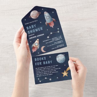 Outer Space Planets Rocket Navy Blue Baby Shower All In One Invitation ...