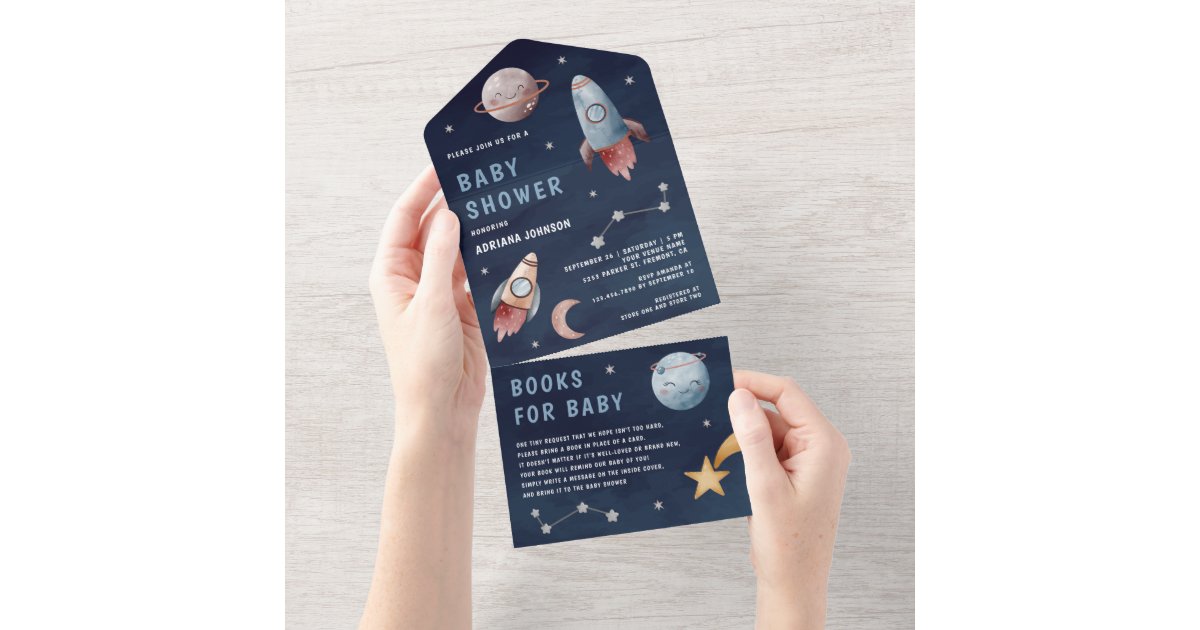 Outer Space Planets Rocket Navy Blue Baby Shower All In One Invitation ...