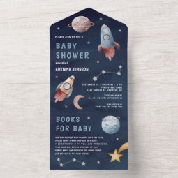 Outer Space Planets Rocket Navy Blue Baby Shower All In One Invitation ...