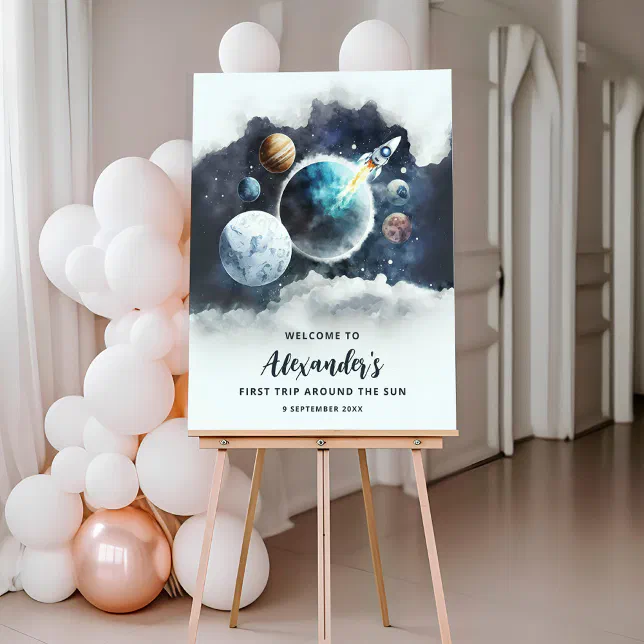 Outer Space Planets Rocket Ship 1st Birthday Sign | Zazzle