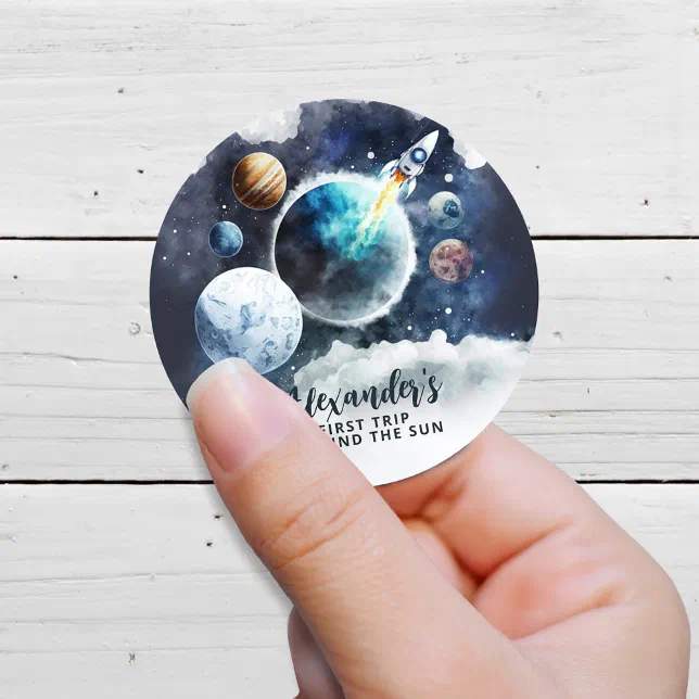 Outer Space Planets & Rocket Ship Birthday Classic Round Sticker | Zazzle