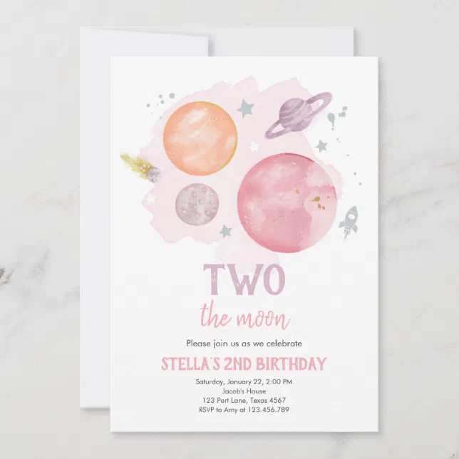 Outer Space Planets Two The Moon Girl Birthday Inv Invitation | Zazzle